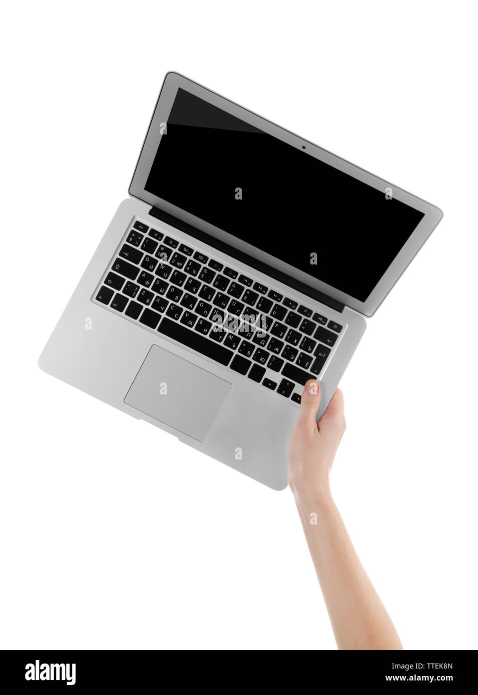Modern laptop in hands isolated on white background Stock Photo - Alamy