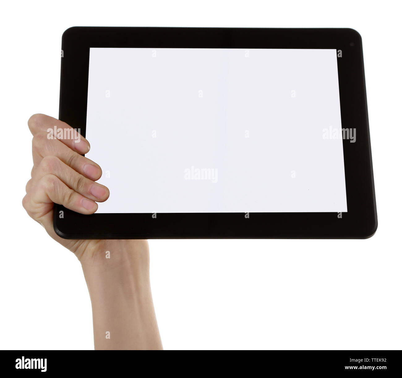 Black tablet in hands isolated on white background Stock Photo - Alamy