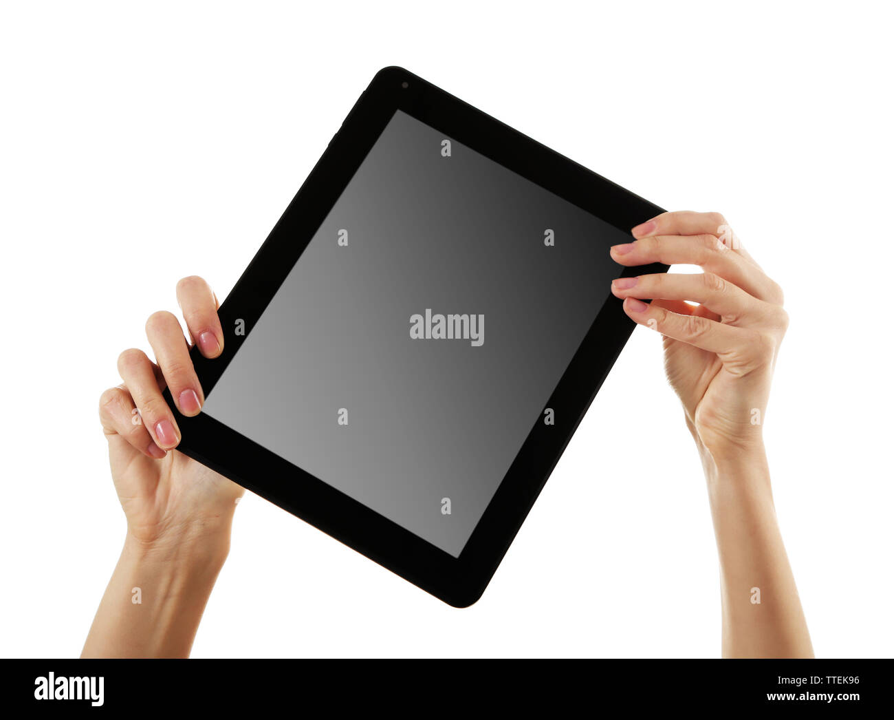 Black tablet in hands isolated on white background Stock Photo - Alamy