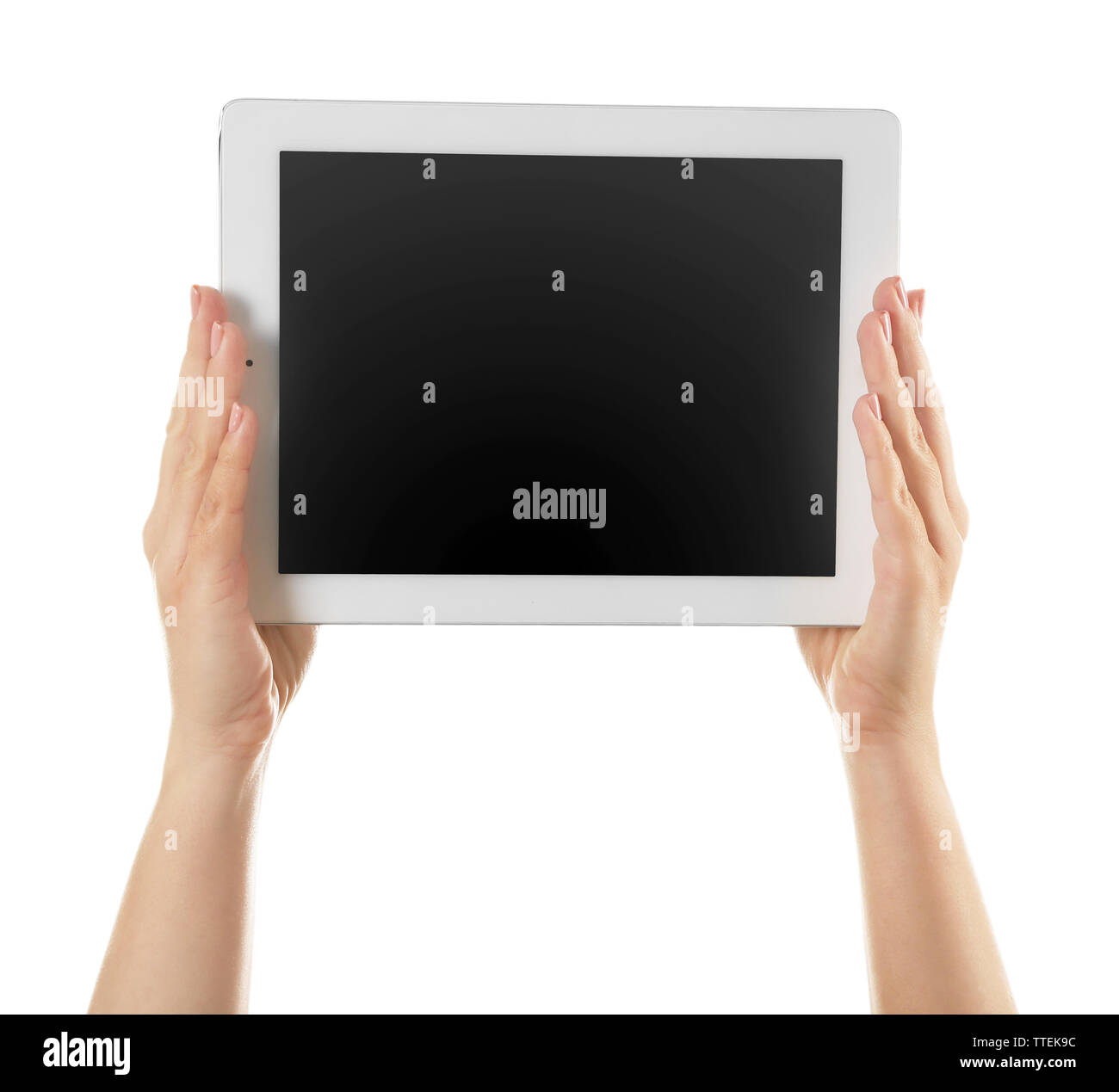 White tablet in hands isolated on white background Stock Photo - Alamy