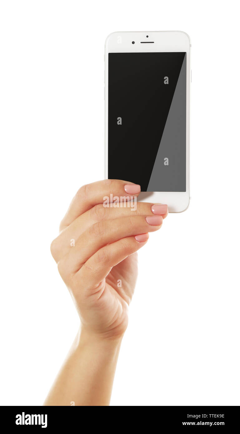 Hand holding white touch screen smart phone isolated on white ...