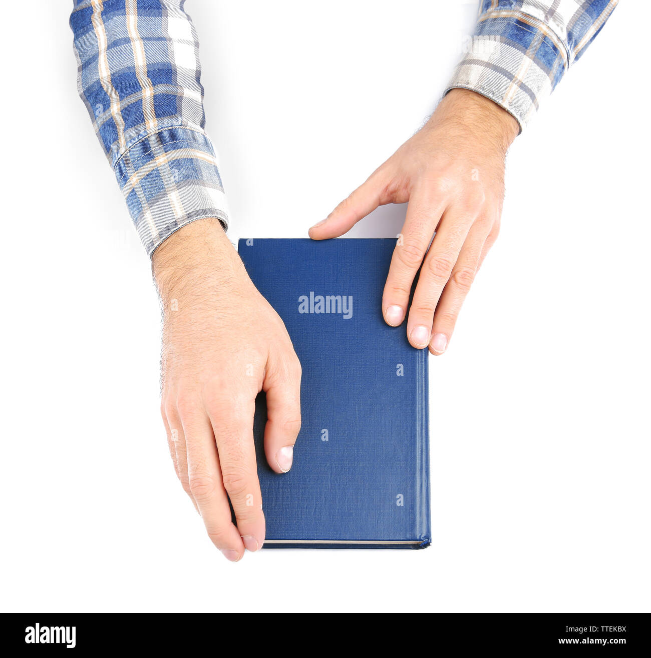 Man hands holding book, isolated on white Stock Photo - Alamy