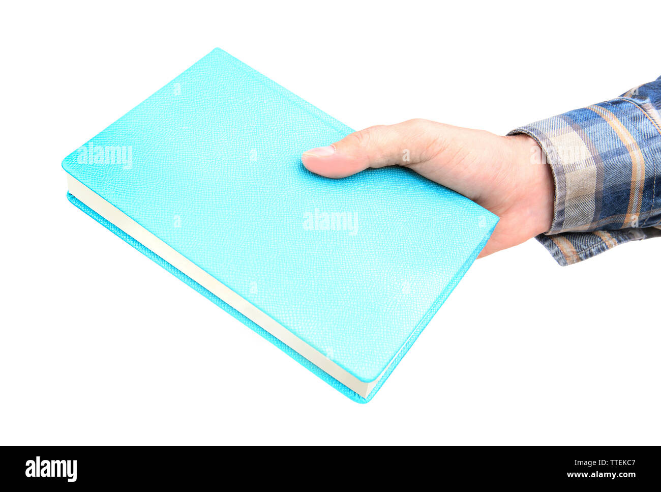 Man hand holding book, isolated on white Stock Photo - Alamy