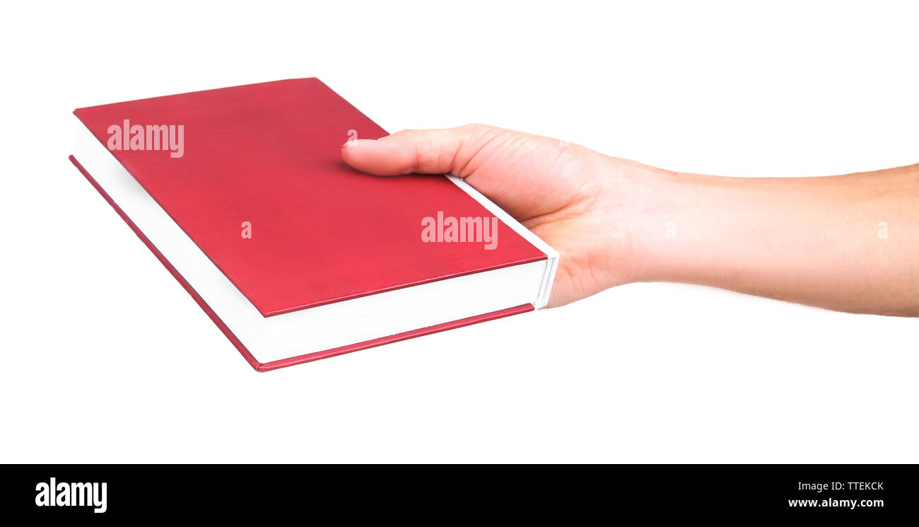 Man hand holding book, isolated on white Stock Photo - Alamy