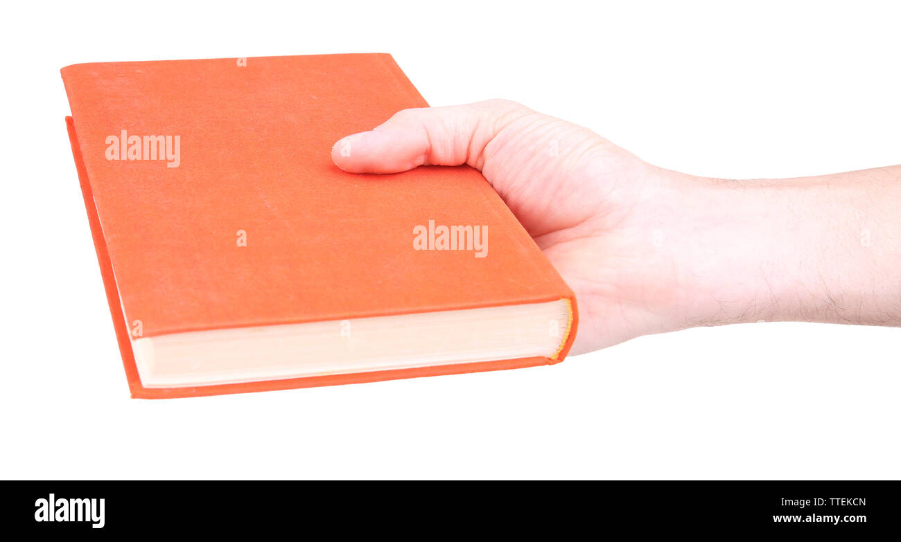 Man hand holding book, isolated on white Stock Photo - Alamy