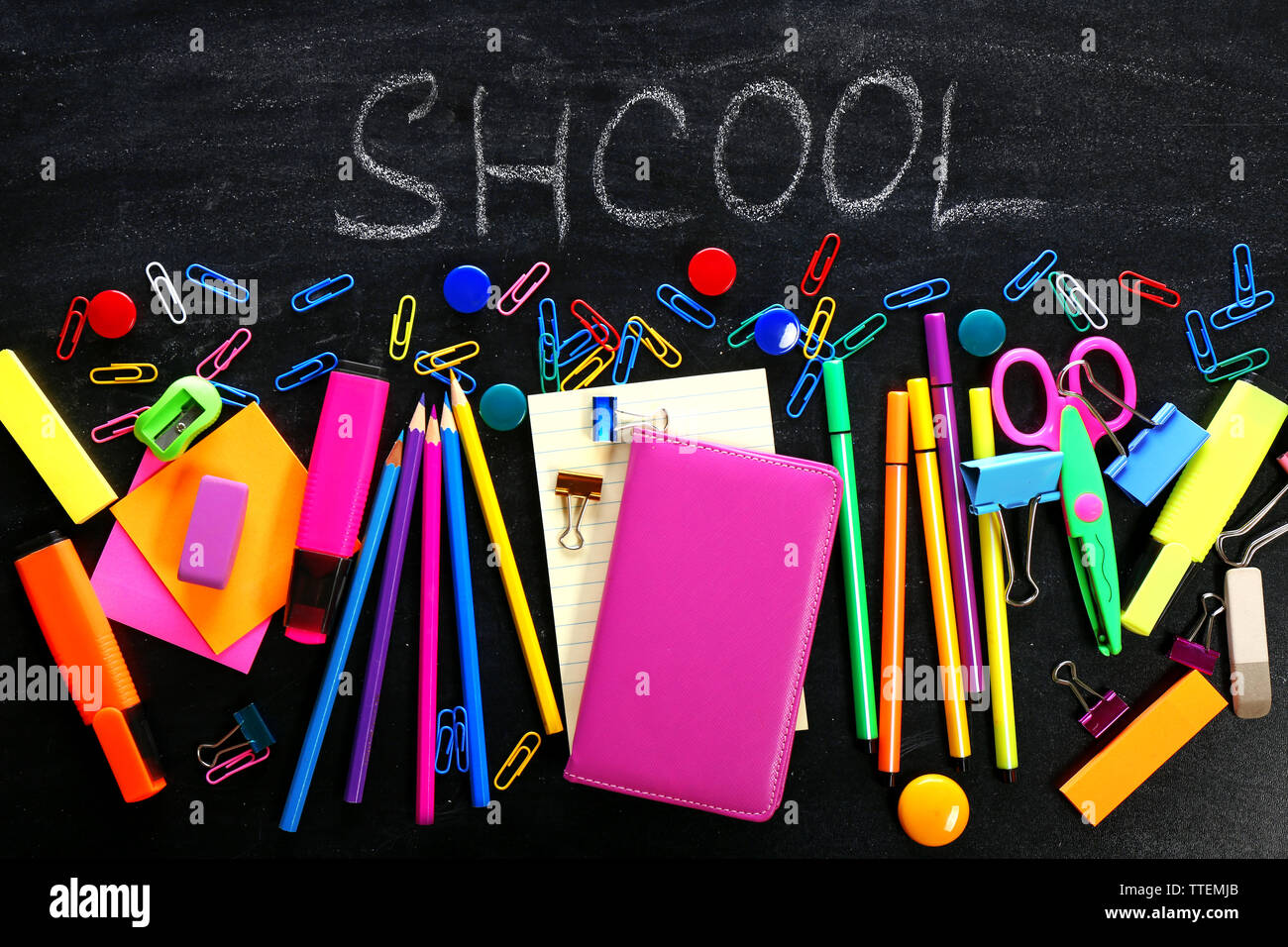 Back to school concept. Colourful stationery on black background Stock ...