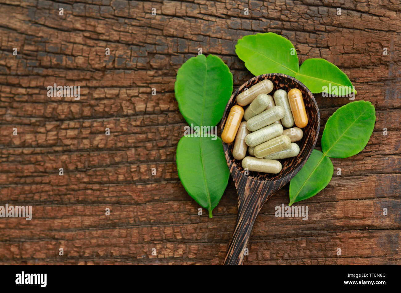 Herbal supplement capsules from organic herb for healthy eating in ...