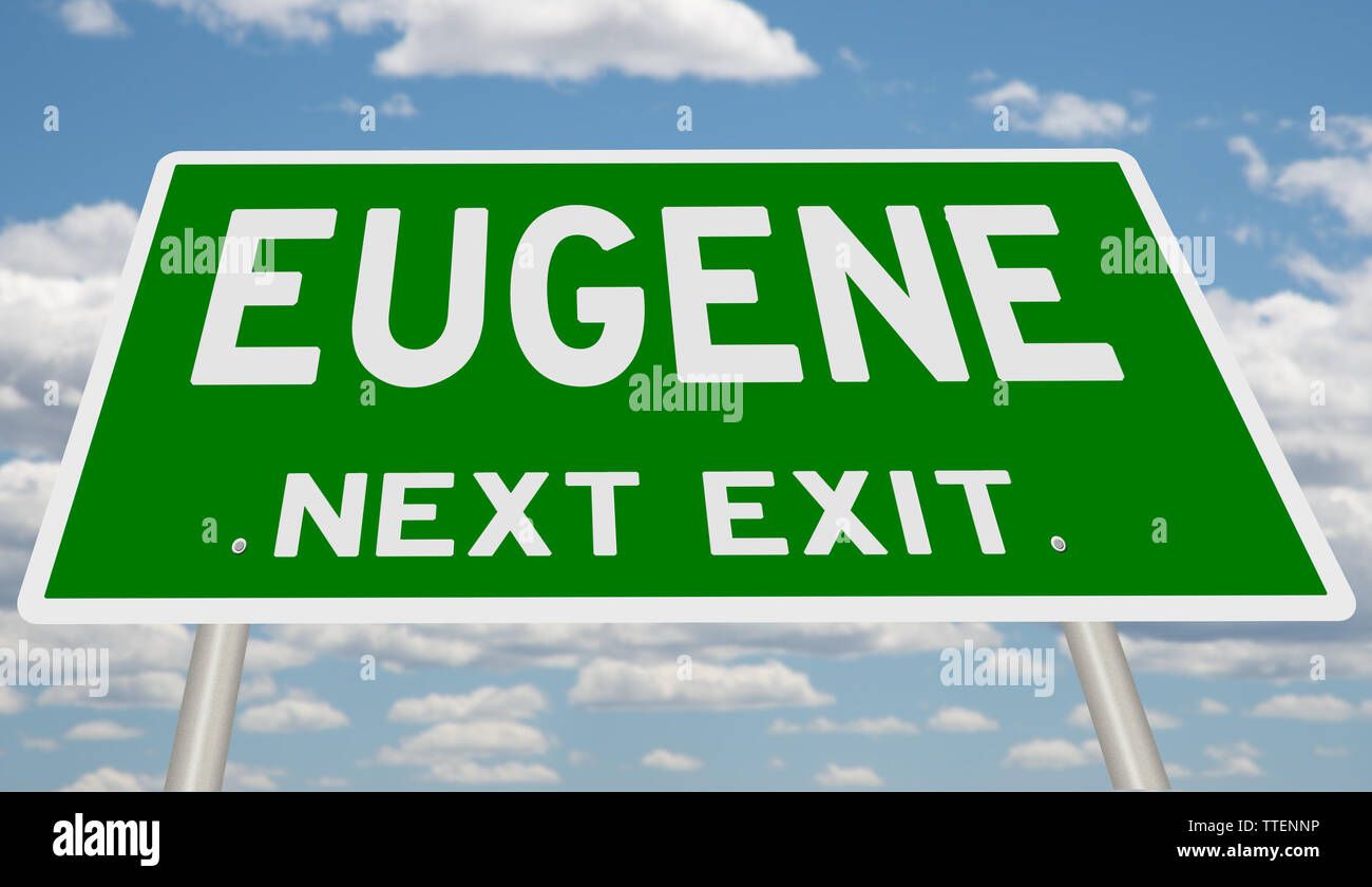 Rendering of a green highway sign for Eugene Orego Stock Photo - Alamy