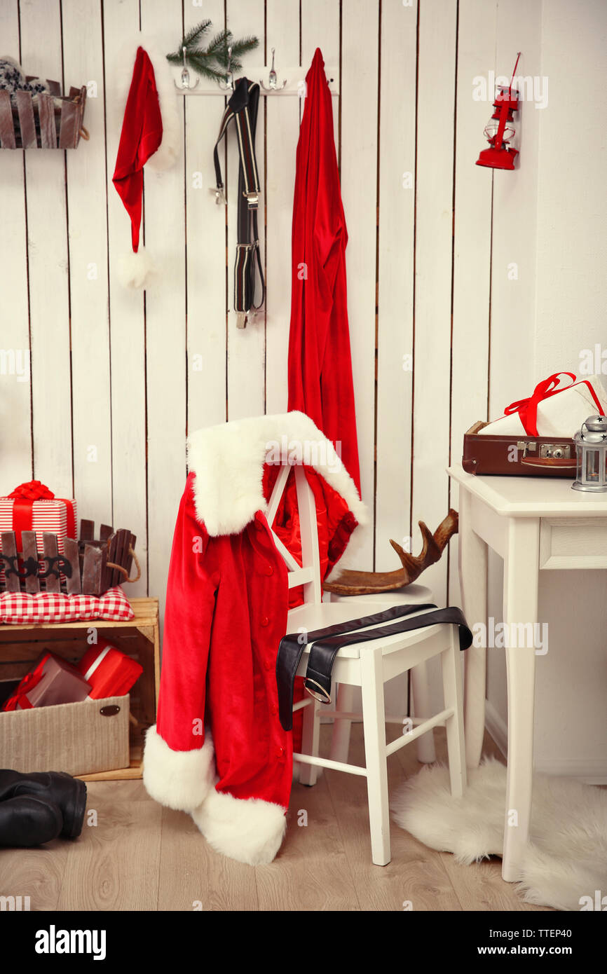 Interior of Santa Claus home on white wooden wall Stock Photo - Alamy