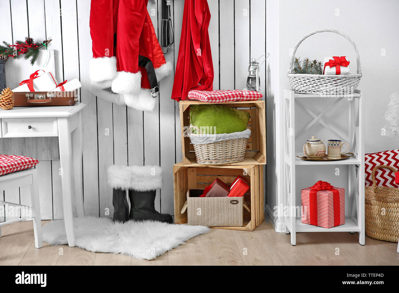 Interior of Santa Claus home on white wooden wall Stock Photo - Alamy