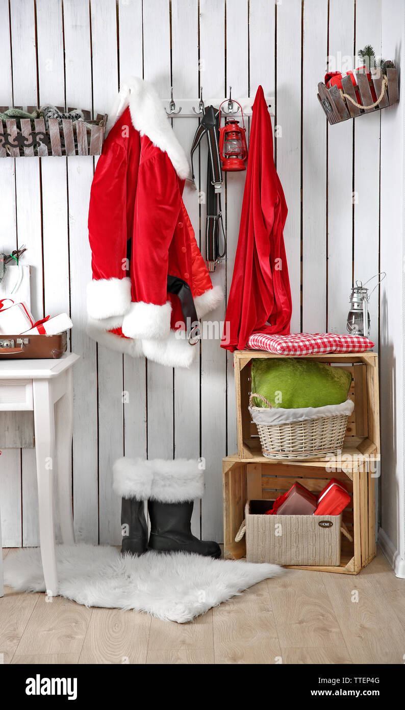 Interior of Santa Claus home on white wooden wall Stock Photo - Alamy