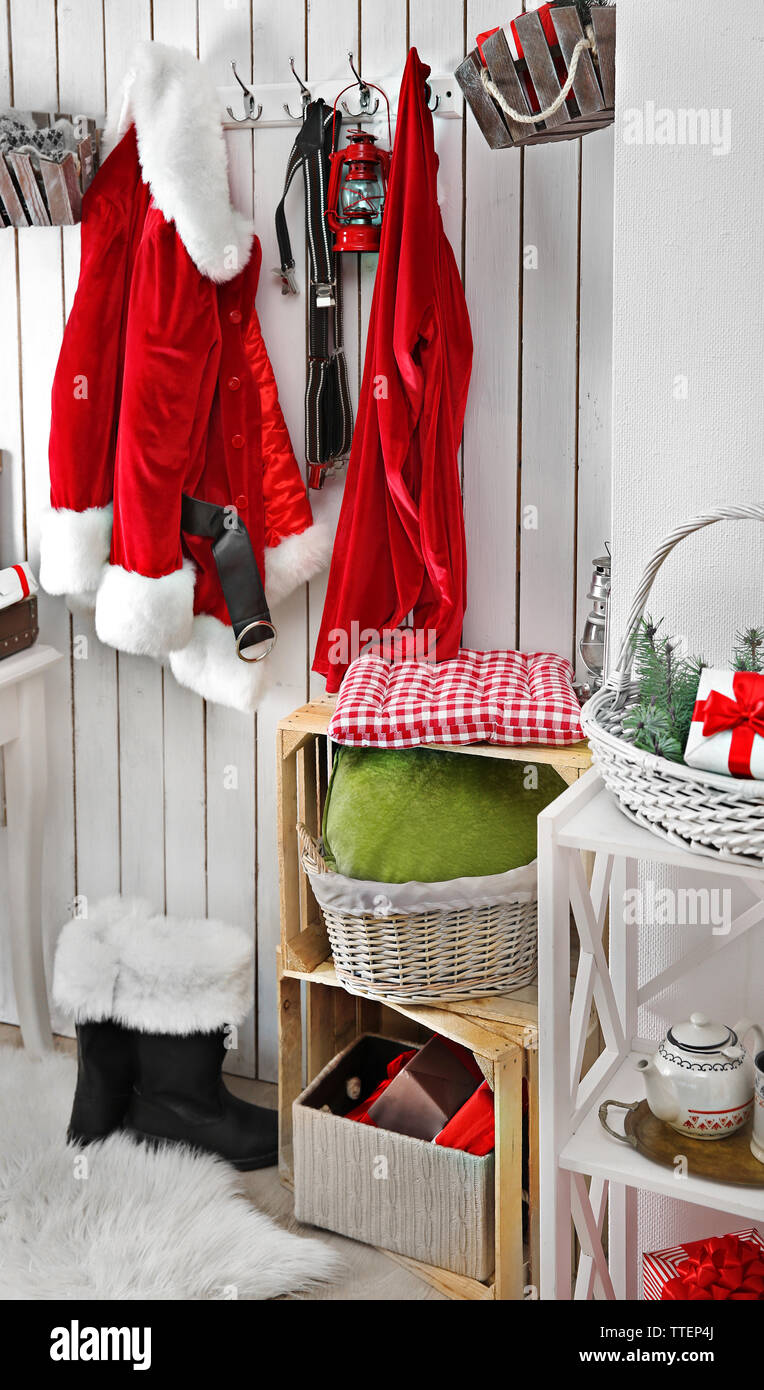 Interior of Santa Claus home on white wooden wall Stock Photo - Alamy