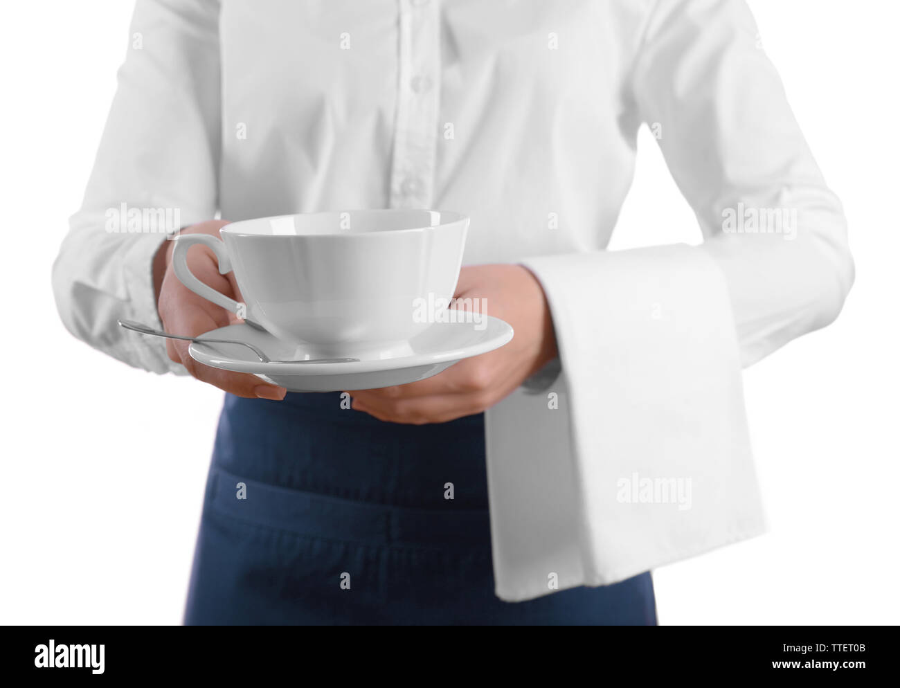 Waiter with cup of tea on white background Stock Photo - Alamy