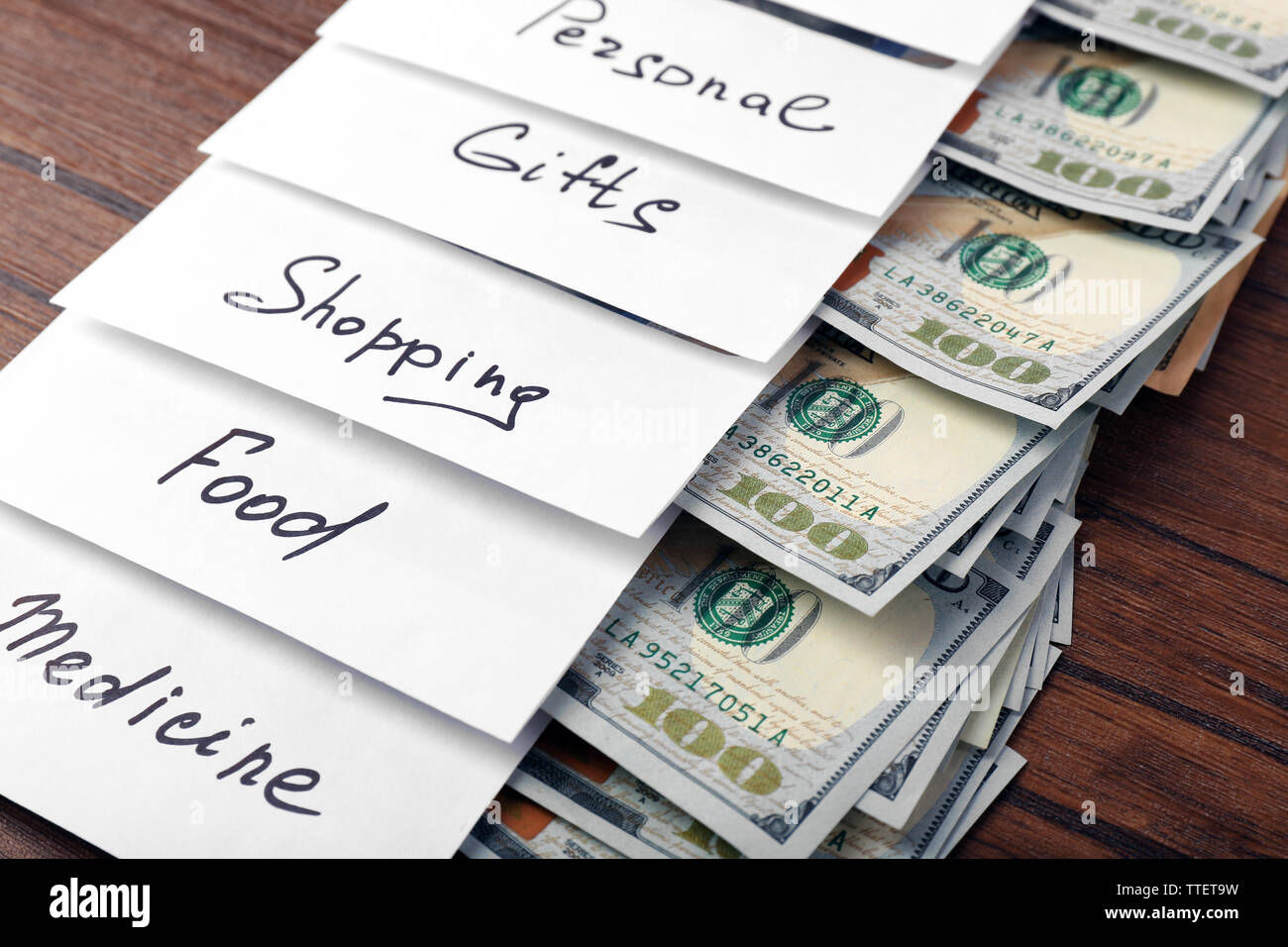 Distribution of money, financial planning, dollars in envelopes on ...