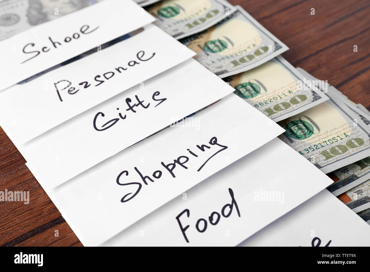 Distribution of money, financial planning, dollars in envelopes on ...