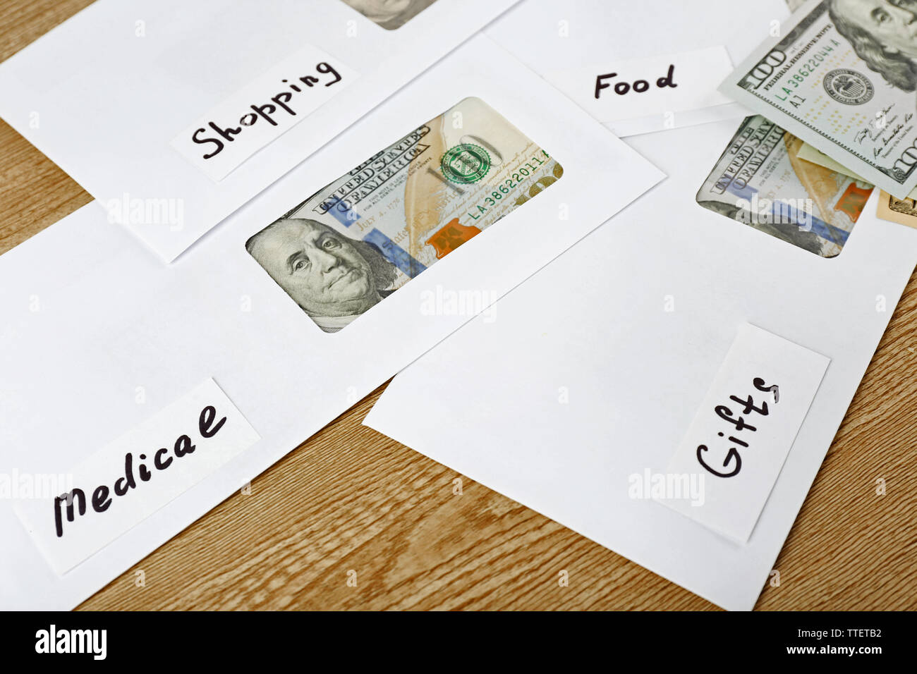 Distribution of money, financial planning, dollars in envelopes, on ...
