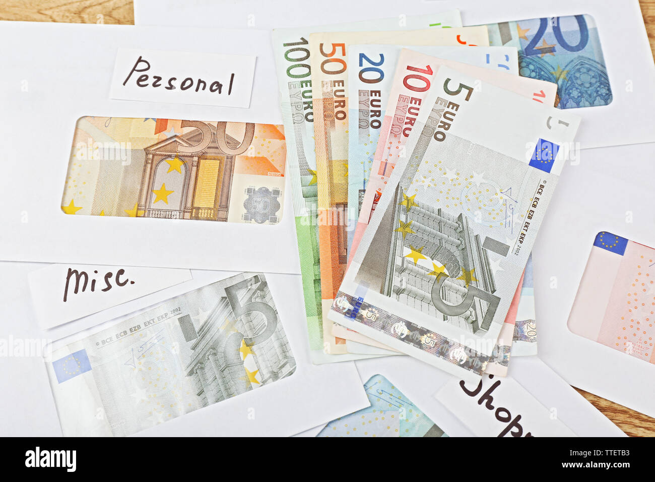 Distribution of money, financial planning, euro in envelopes, closeup ...