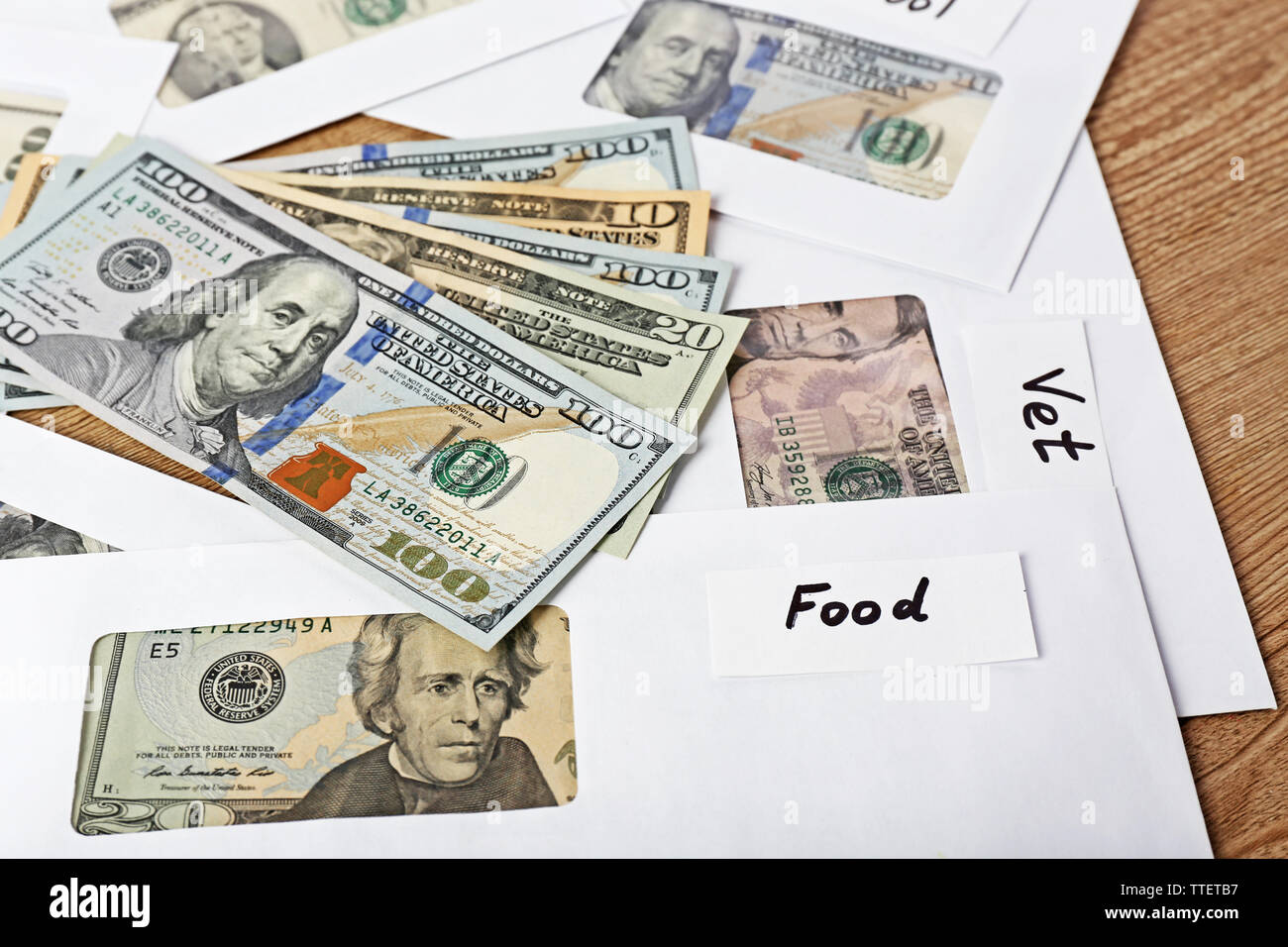 Distribution of money, financial planning, dollars in envelopes, on ...