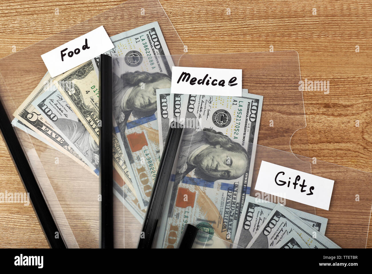 Distribution of money, financial planning, dollars in envelopes, on ...