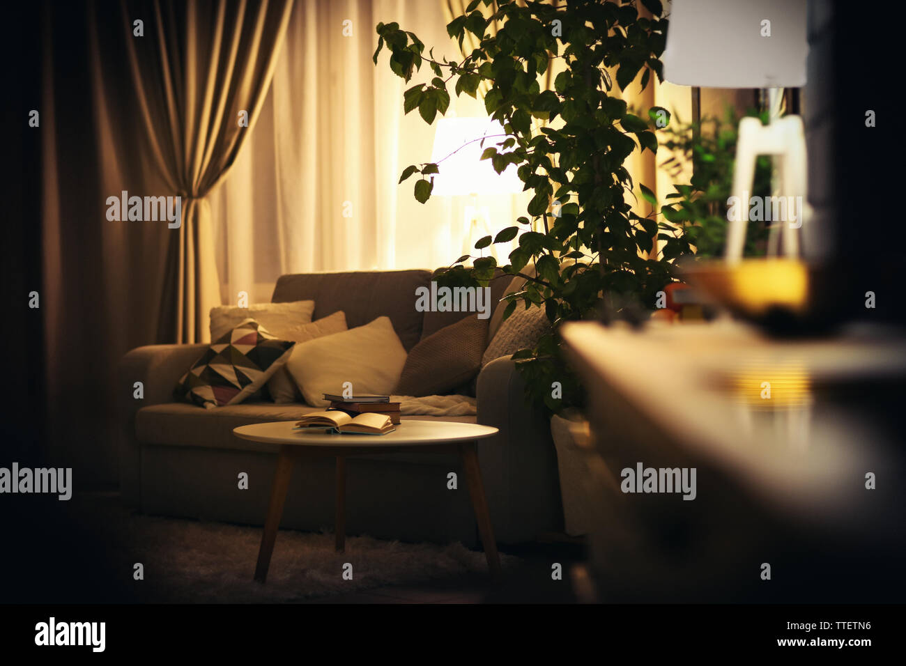 Room interior with sofa, green tree, table and lighted lamps Stock ...