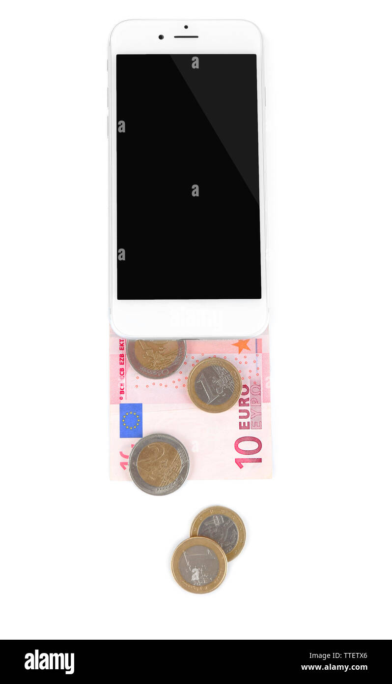 Smart phone with euro banknote and coins, isolated on white. Telephone ...