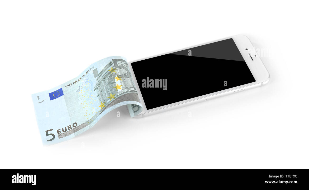 Smart phone with euro banknote, isolated on white. Telephone charges ...