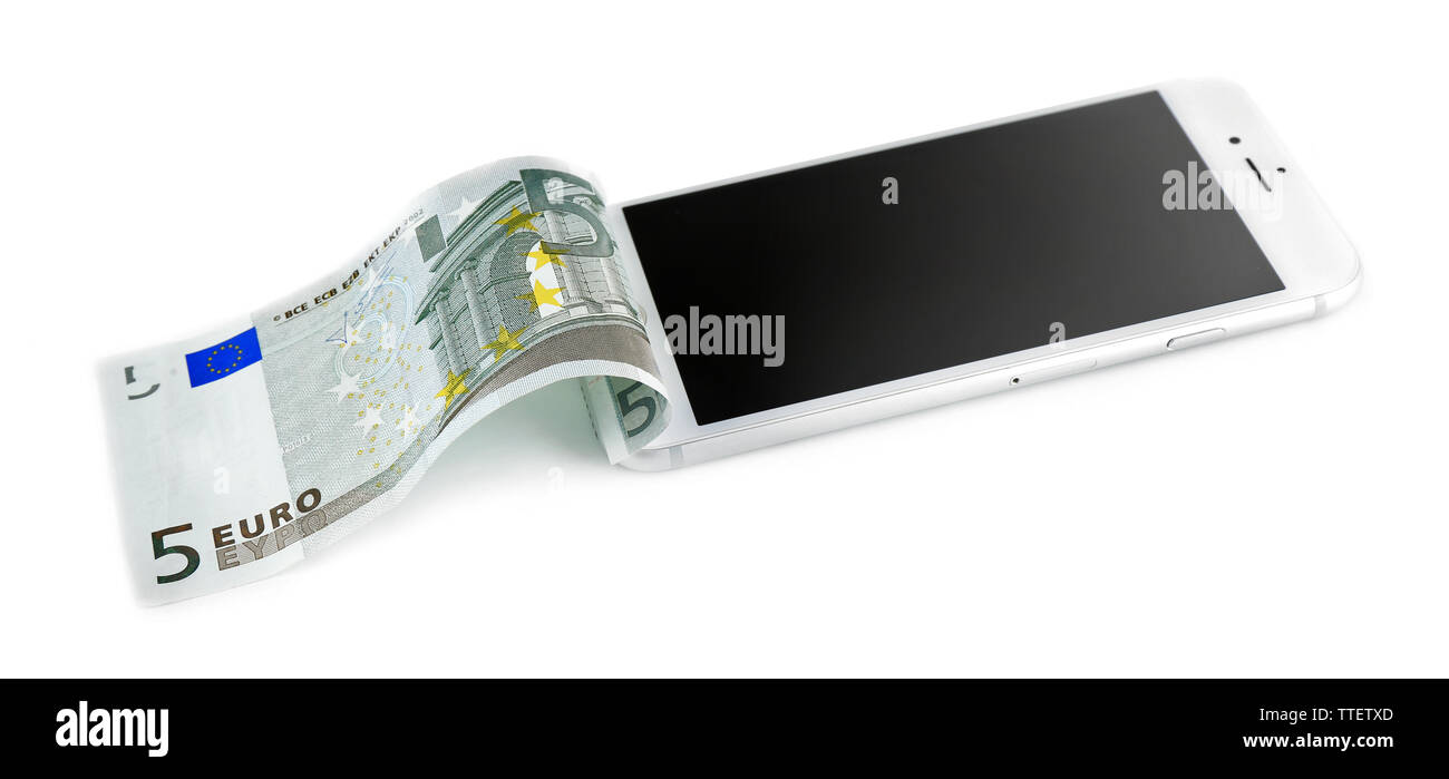 Smart phone with euro banknote, isolated on white. Telephone charges ...