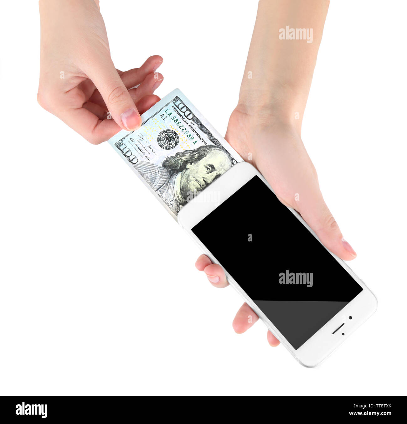 Hands holding smart phone and dollar banknote, isolated on white ...