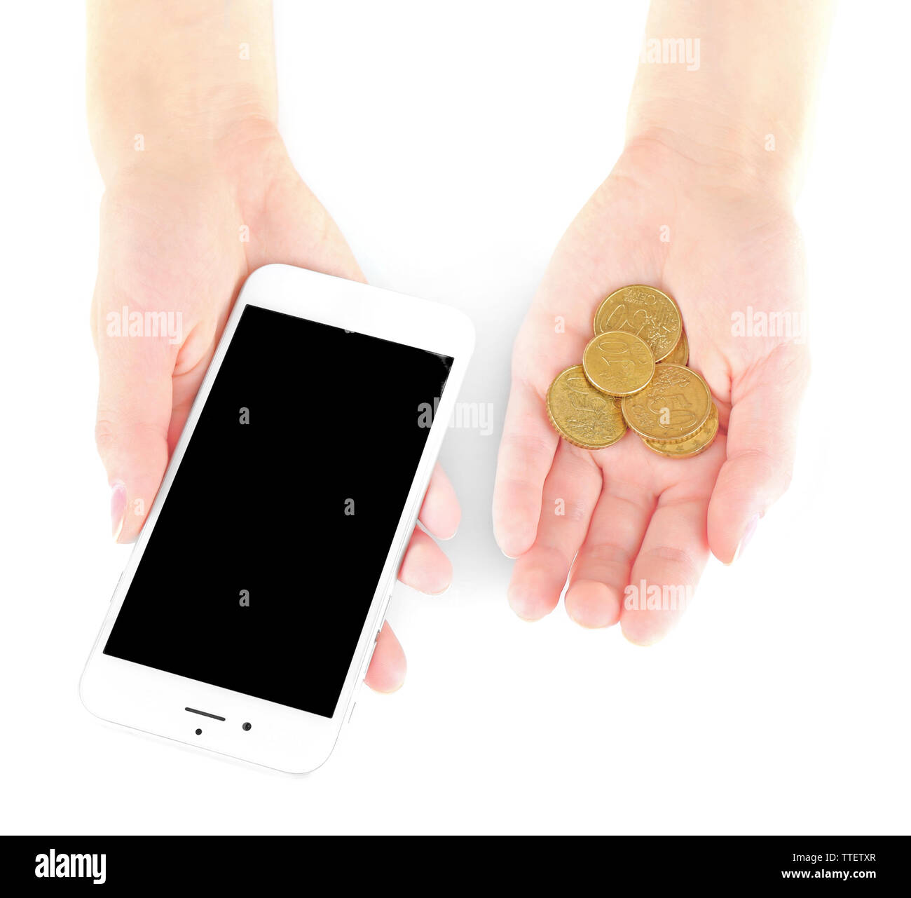 Woman counting coins Cut Out Stock Images & Pictures - Alamy