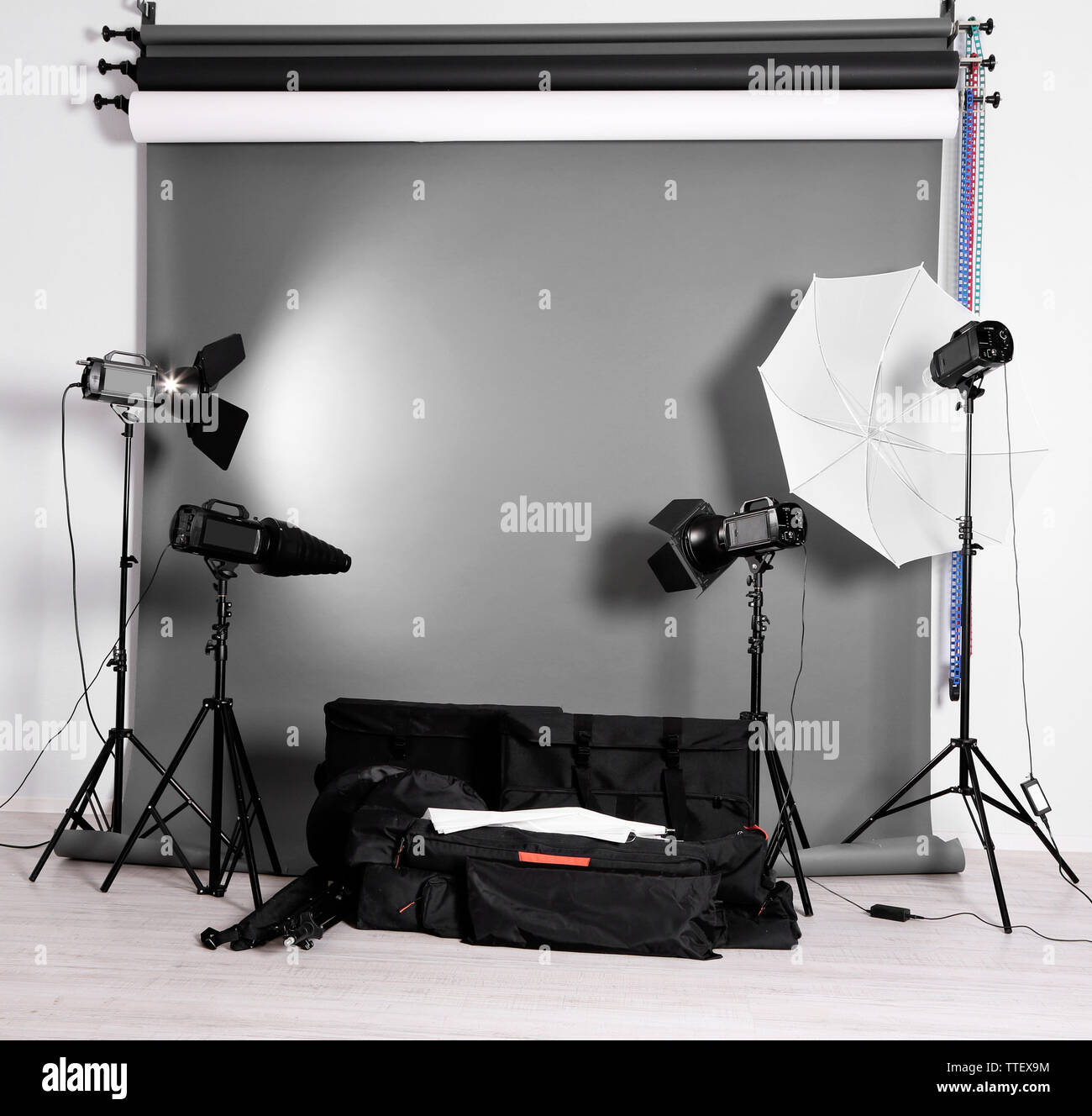Empty photo studio with lighting equipment, bags and backdrop Stock ...