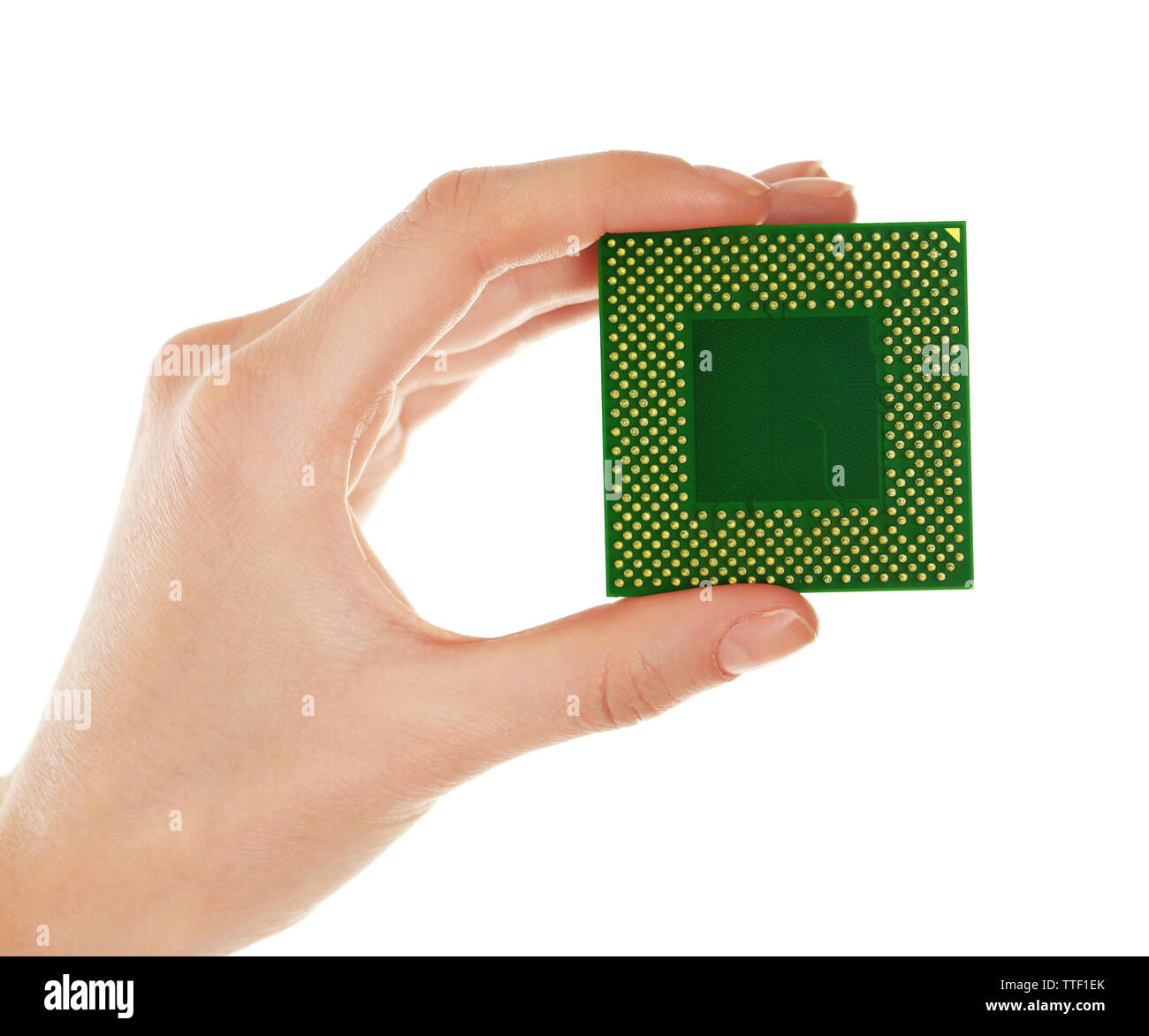 Male hand holding microprocessor on white background Stock Photo - Alamy