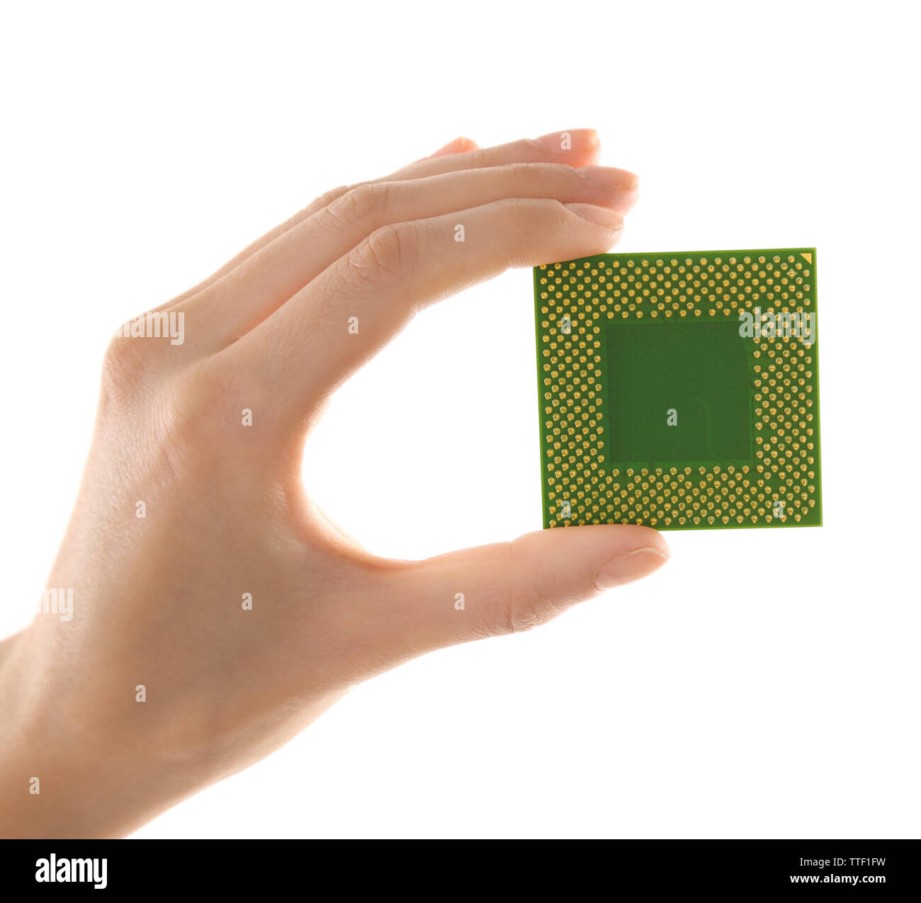 Male hand holding microprocessor on white background Stock Photo - Alamy