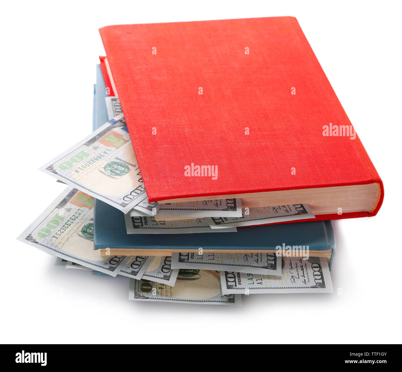 Books with nested dollar banknotes, isolated on white. Stash of money ...