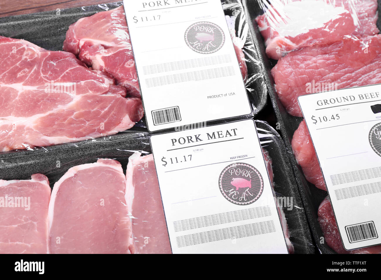 Packed pieces of pork and beef meat, close up Stock Photo - Alamy