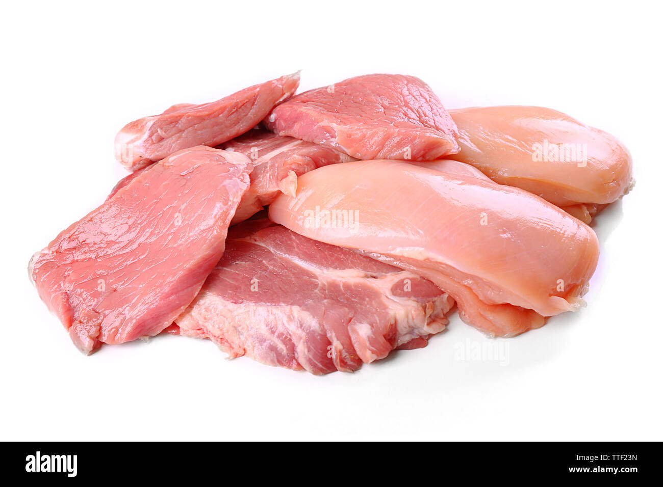 Pieces of pork, beef and chicken meat, isolated on white Stock Photo ...