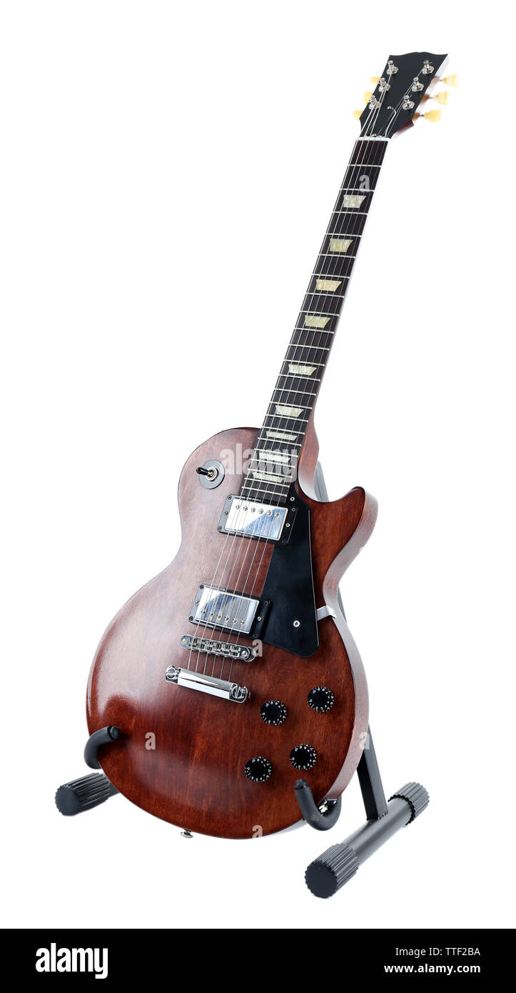 Brown electric guitar on a stand, isolated on white Stock Photo - Alamy