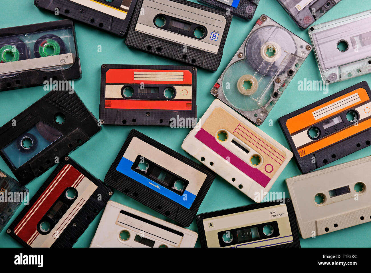 Set of old audio cassettes on blue background Stock Photo - Alamy
