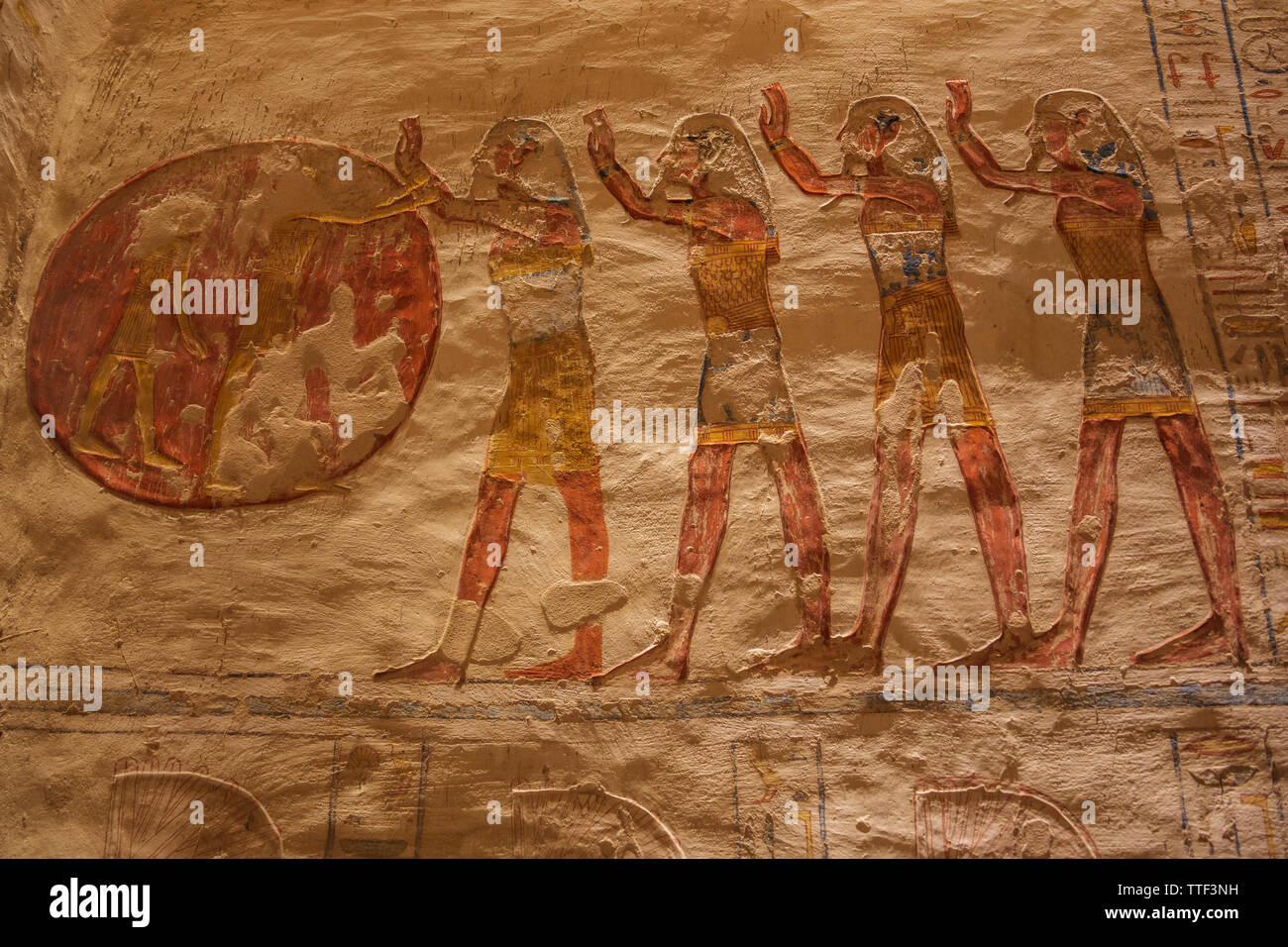 Painted representation of worshipping the sun in the tomb of Ramesses ...