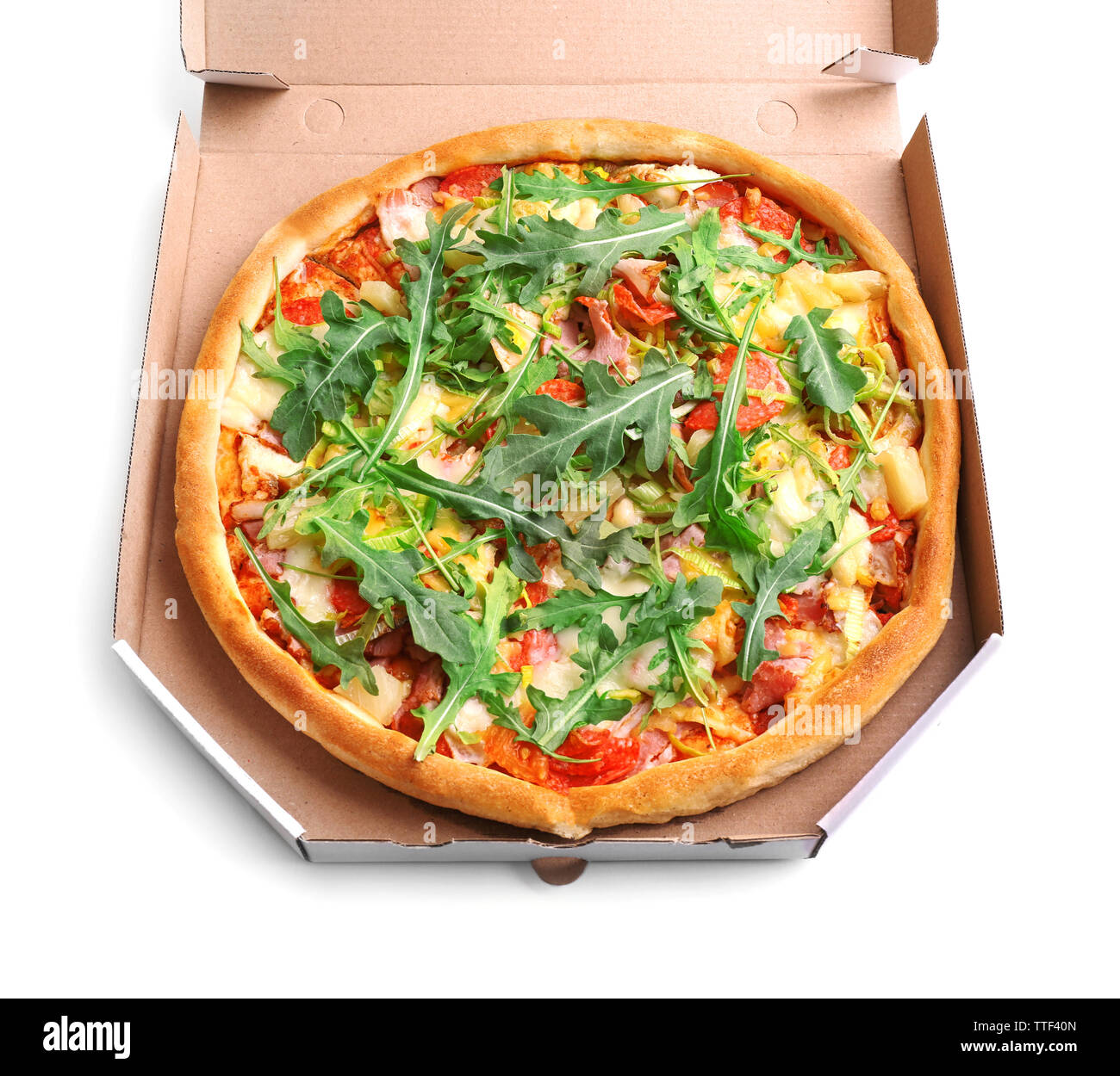 Fresh pizza in carton box isolated on white Stock Photo - Alamy