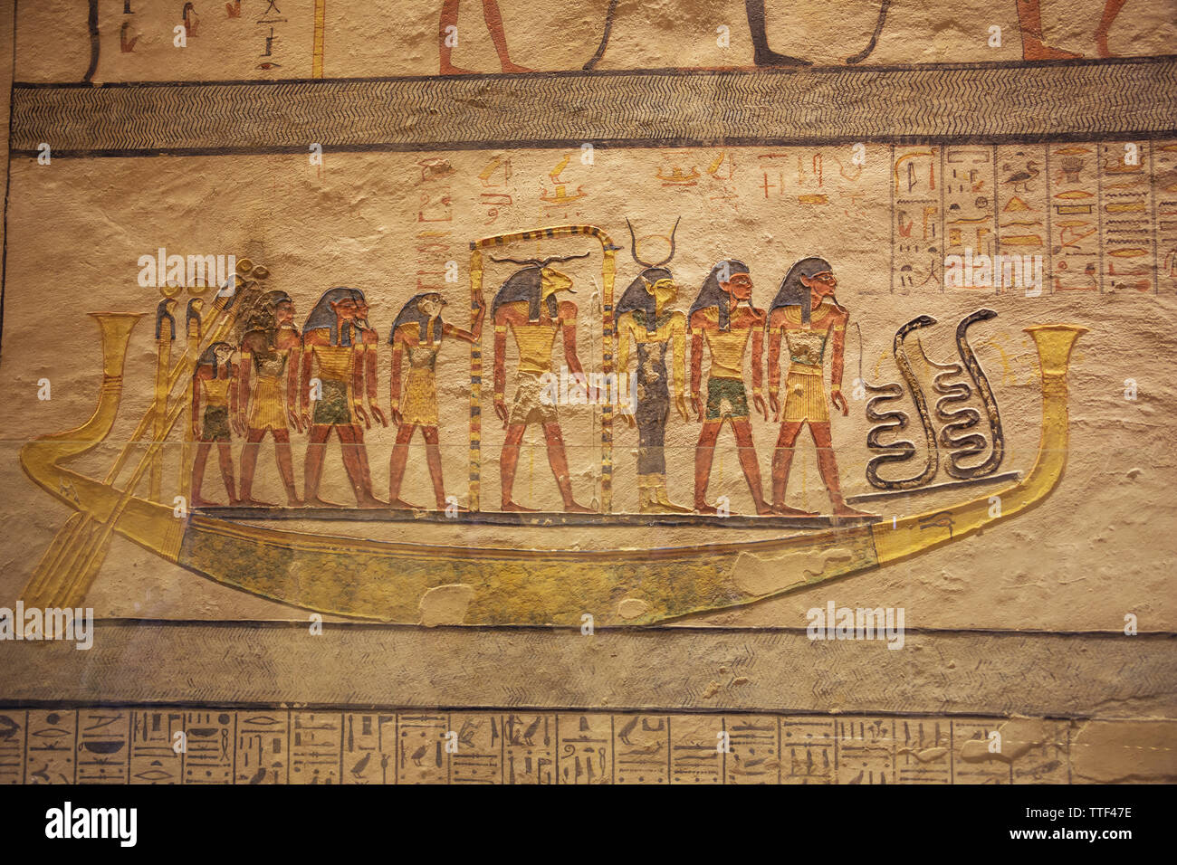 Hathor on board of the solar boat in the tomb of Ramesses IX Stock ...