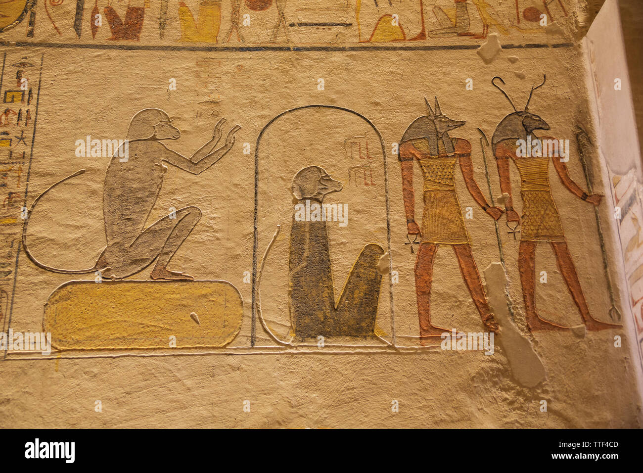 Bas relief of Seth and Anubis in the tomb of Ramesses IX Stock Photo ...