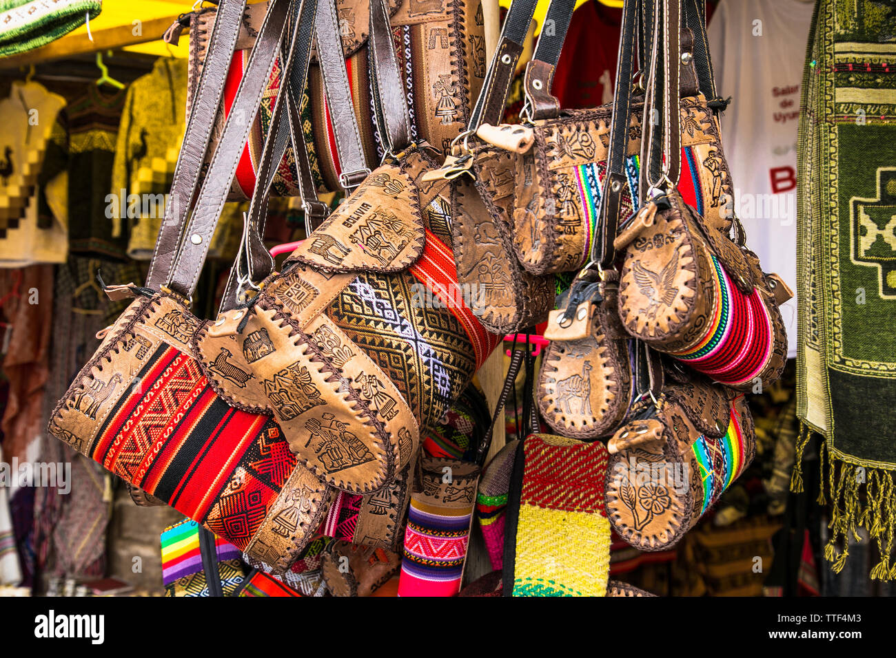 Traditional handcrafts on the market in main street of Uyuni, Bolivia ...