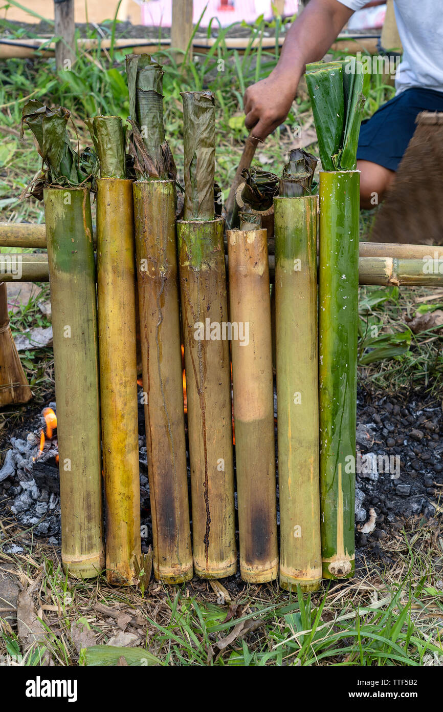 Burning bamboo rice in traditional cooking, asian food. Ubud, island ...