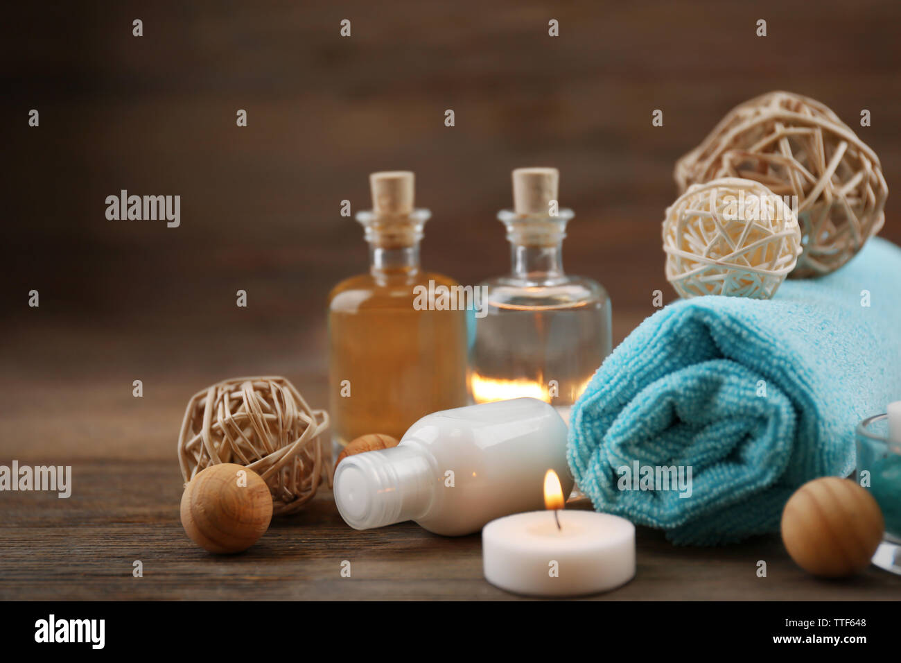Spa still life in light blue color on wooden background Stock Photo - Alamy