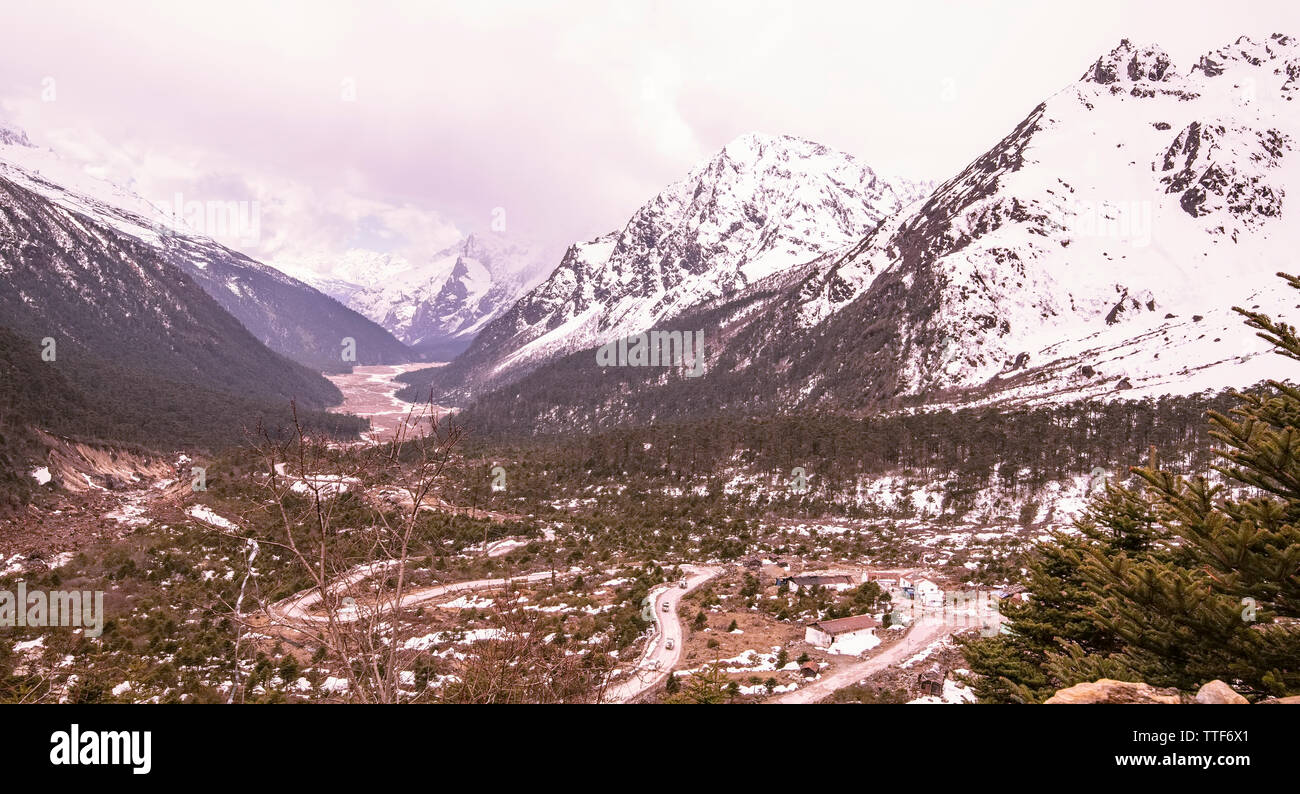 Panorama ,view,River Teesta,basin,zig-zag,up hill ,movement,to 15000ft ...