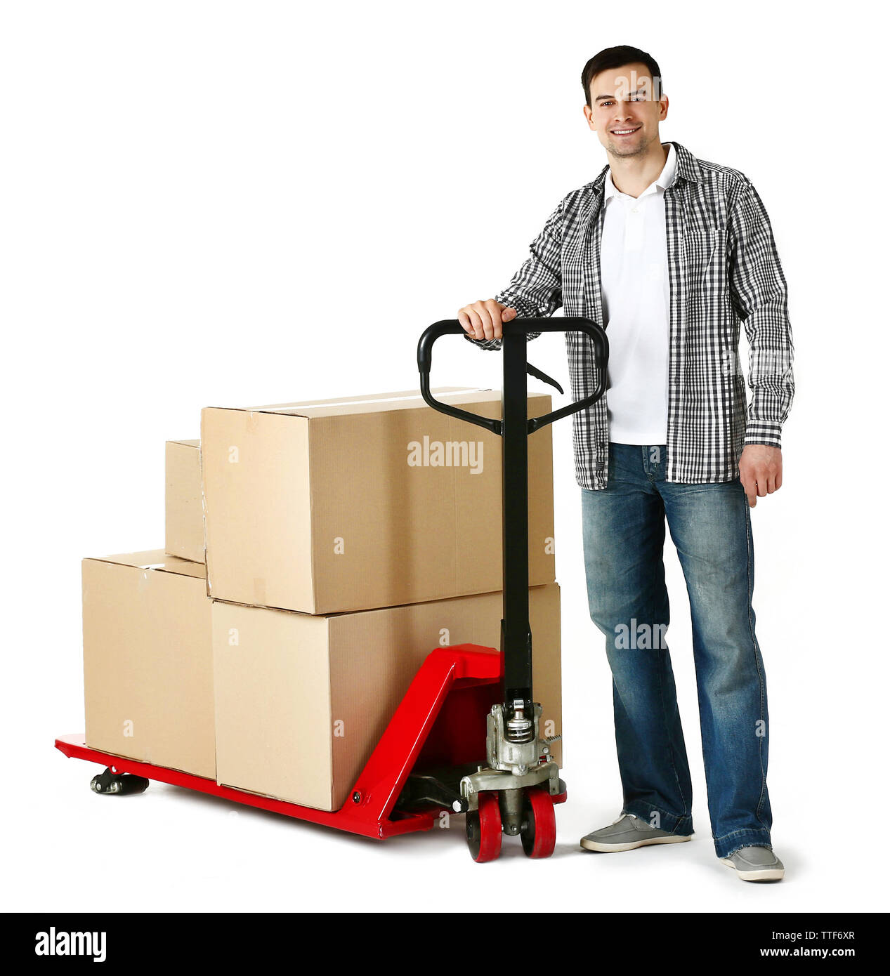 Man with hand truck isolated on white background Stock Photo - Alamy