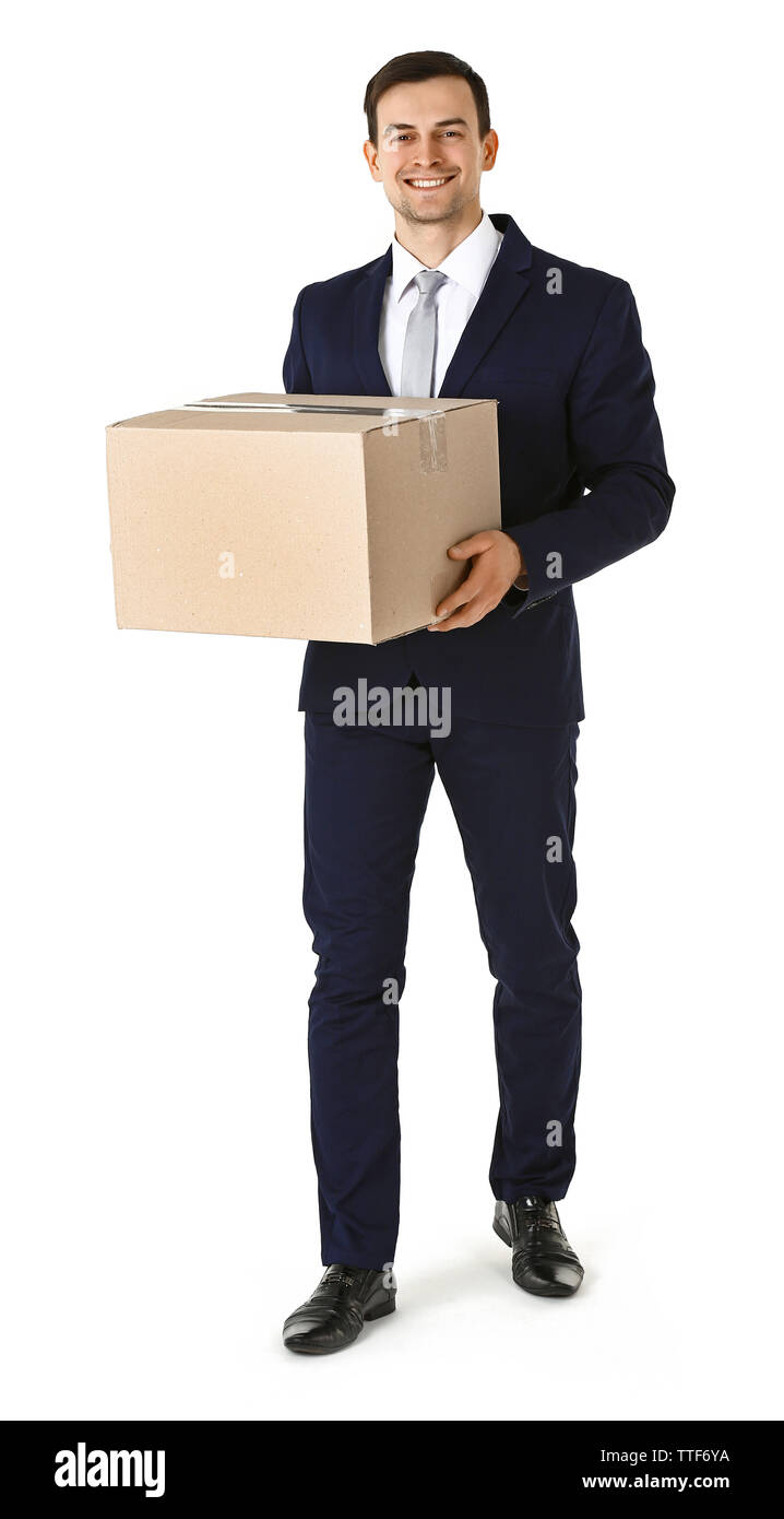 Man in suit holding carton boxes isolated on white background Stock ...