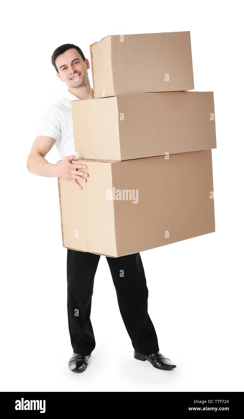 Man holding pile of carton boxes isolated on white background Stock ...