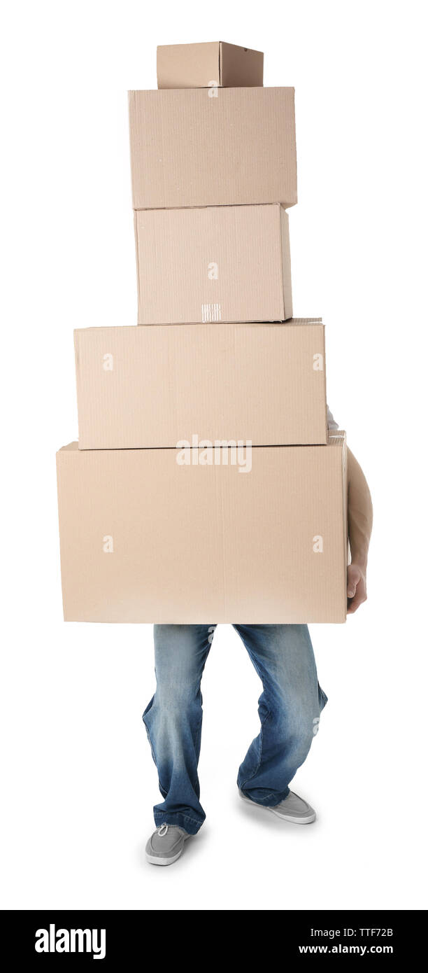 Man holding pile of carton boxes isolated on white background Stock ...
