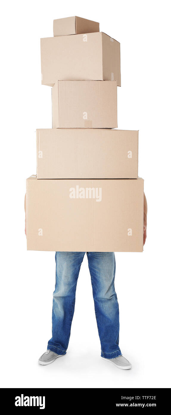 Man holding pile of carton boxes isolated on white background Stock ...